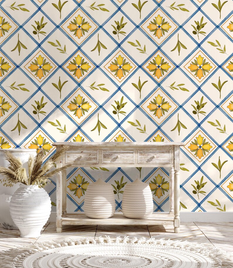 Mediterranean Tiles Wallpaper, Watercolor Olive Leaf Wallpaper, İtalian ...