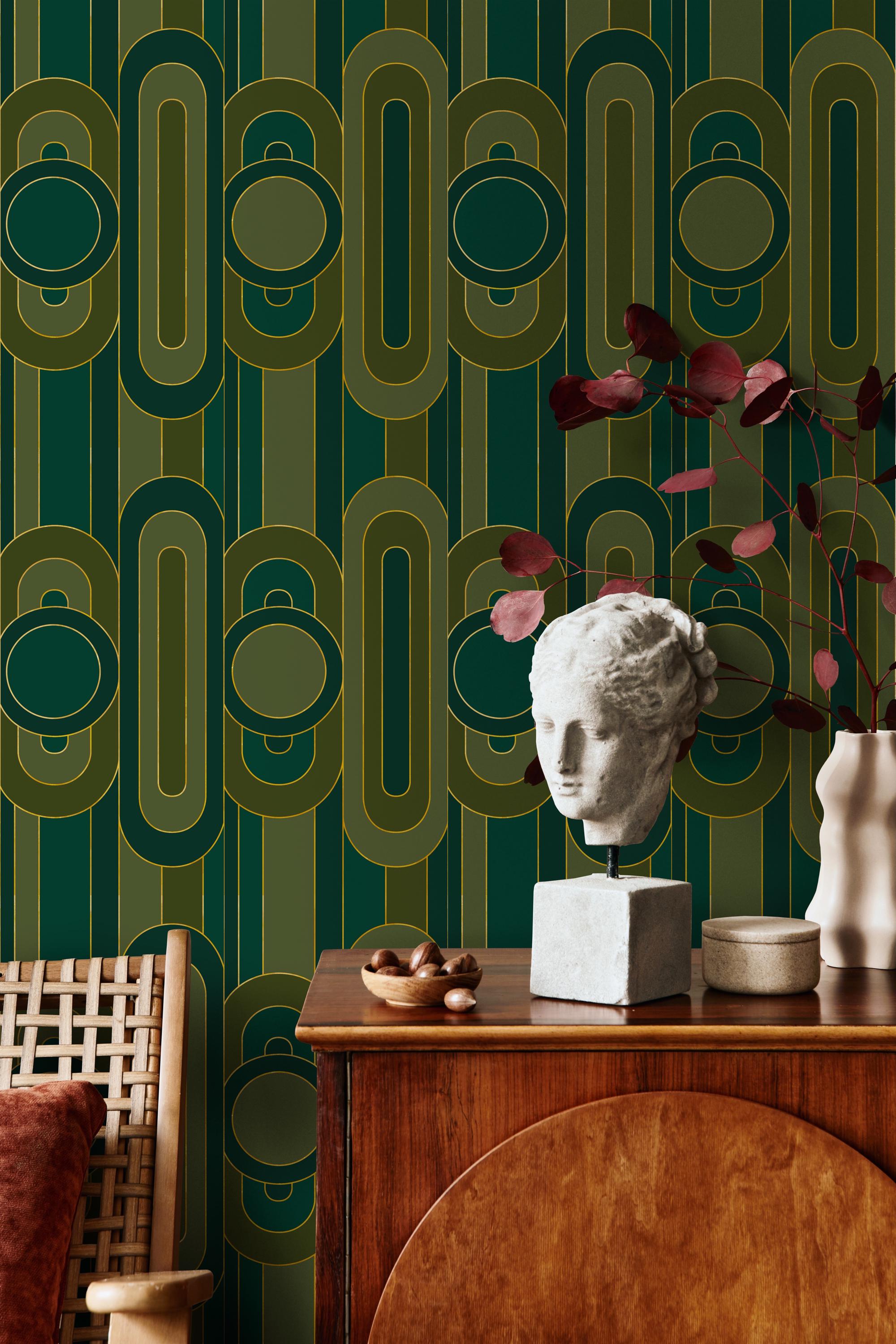 Art Deco Geometric Wallpaper, Emerald Green and Gold Peel and Stick ...