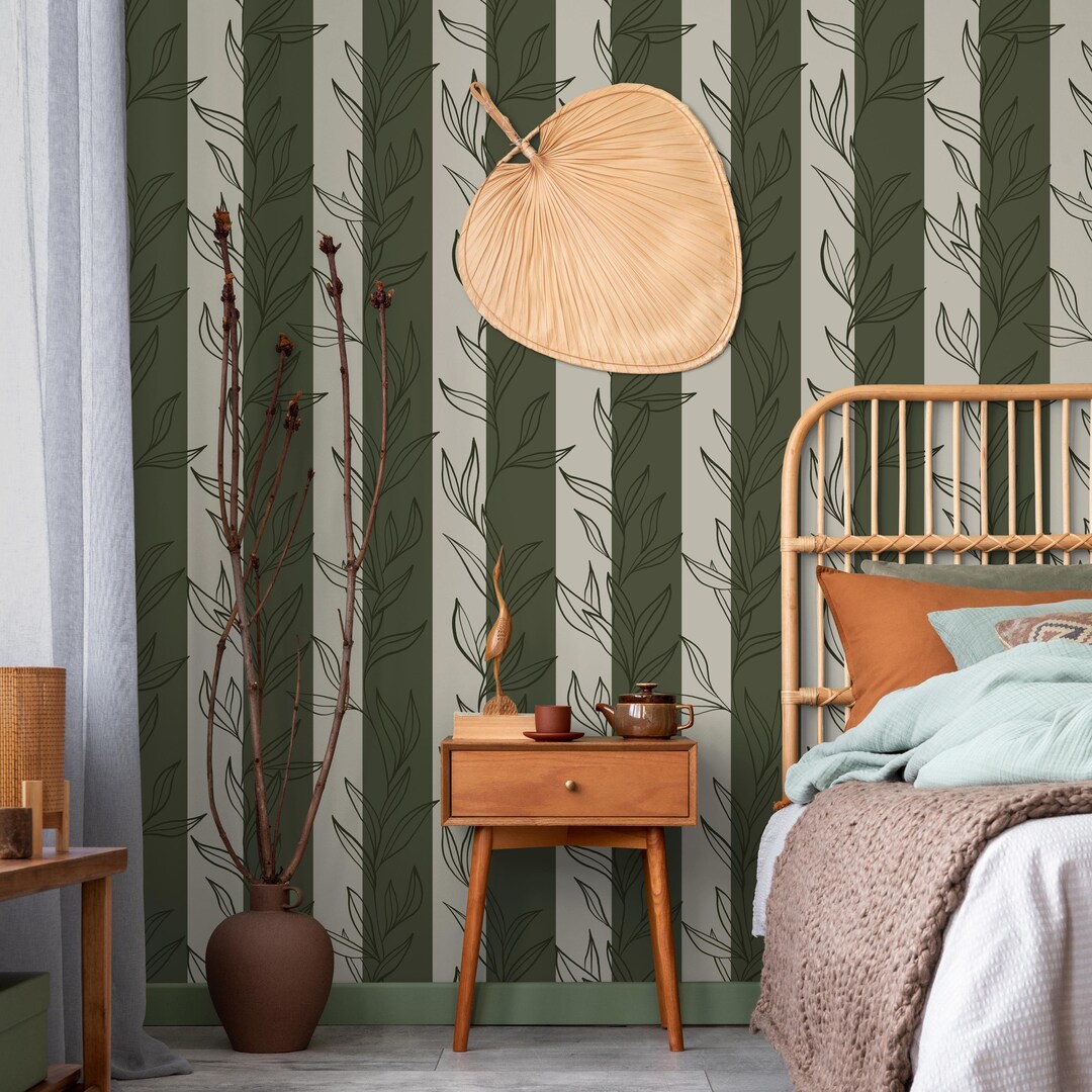 Botanical Stripe Wallpaper: Sage Green Leaf Pattern (peel and Stick or ...