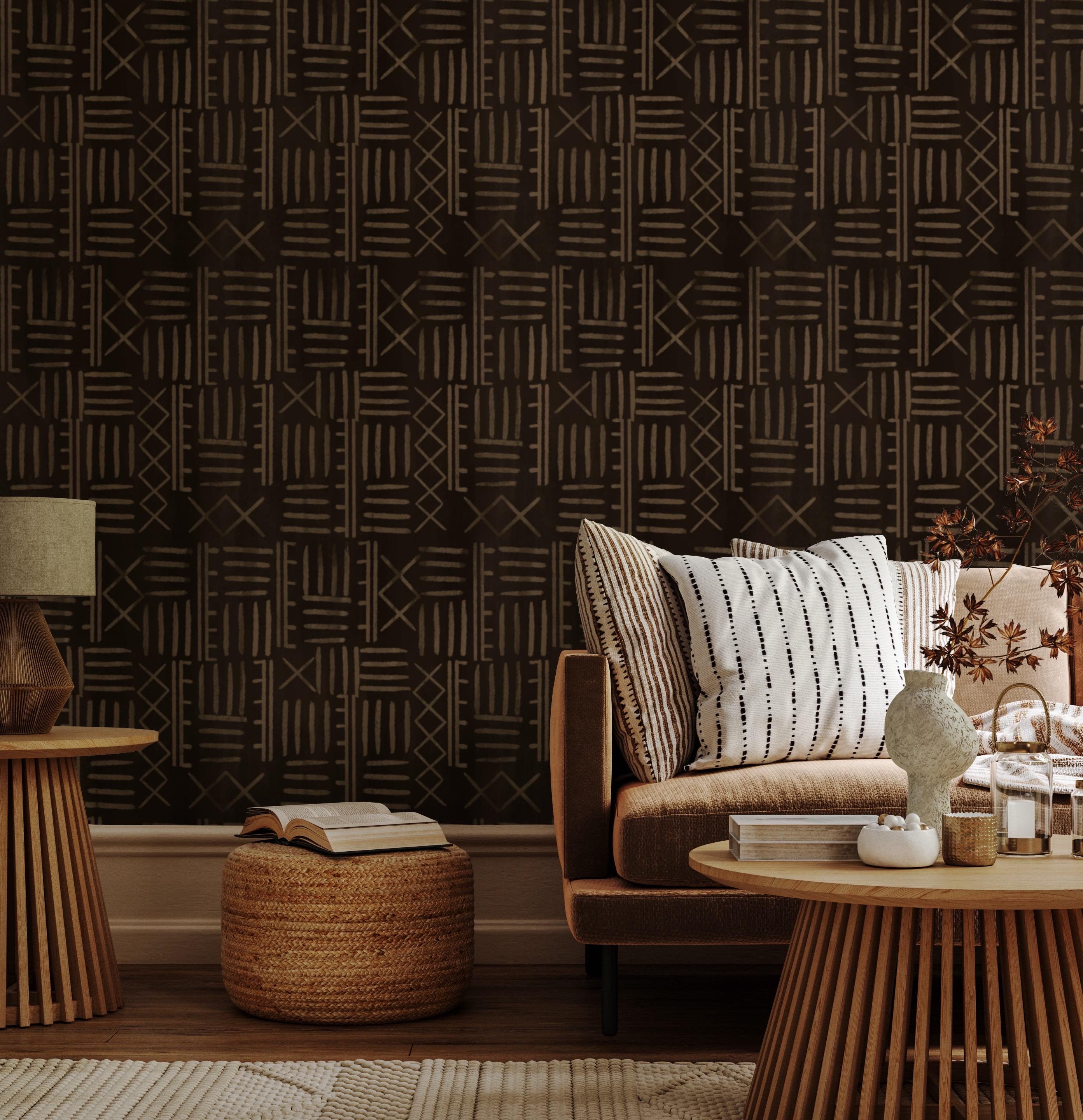 African Mudcloth Wallpaper, Dark Brown Tribal Peel and Stick Wallpaper ...