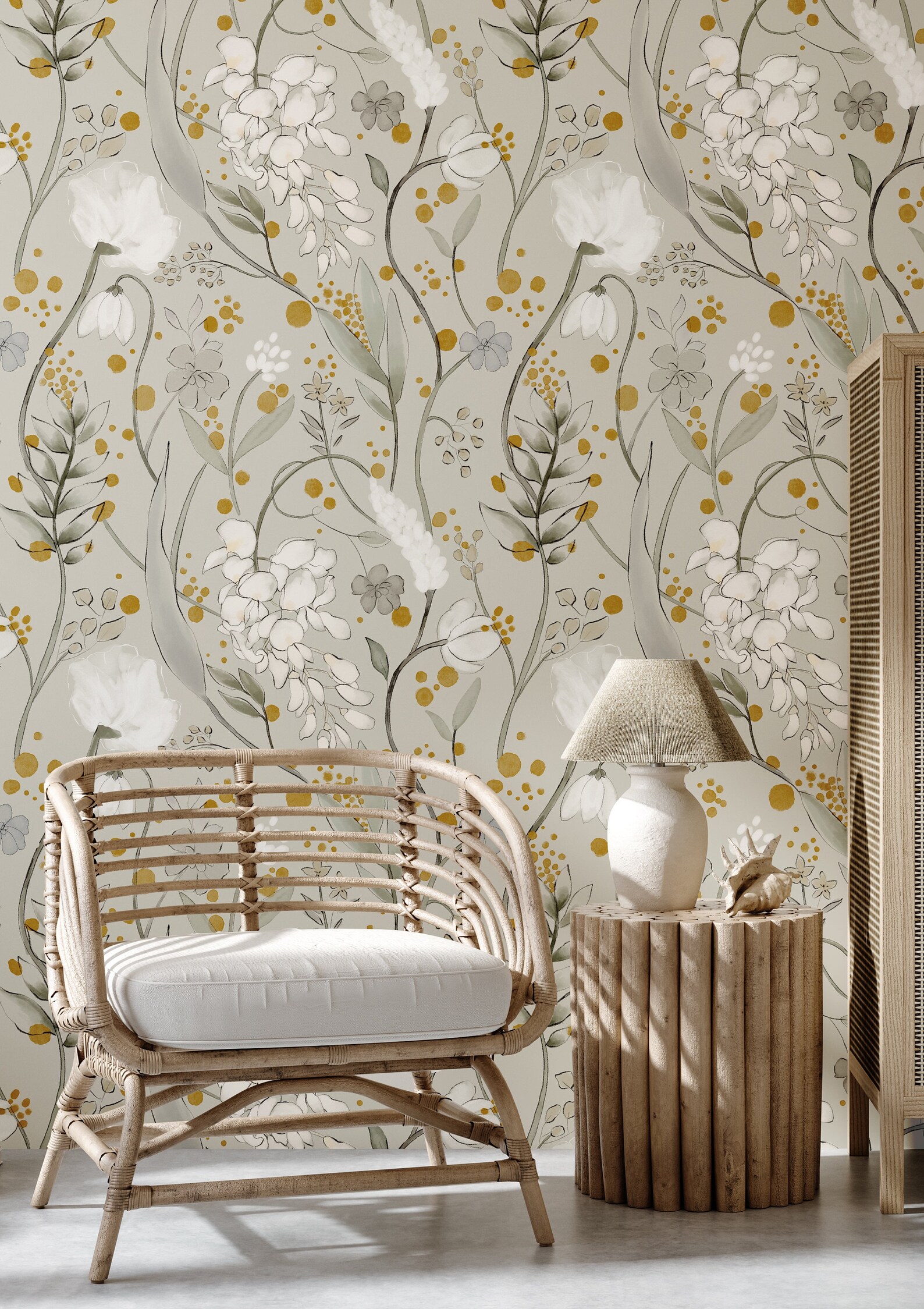 Neutral Floral Wallpaper: Watercolor Green & Gold Leaves, Peel and ...
