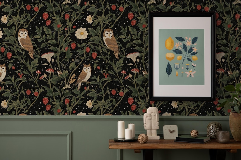 Owl Forest Wallpaper, Dark Botanical Peel and Stick Mural, Cottagecore ...