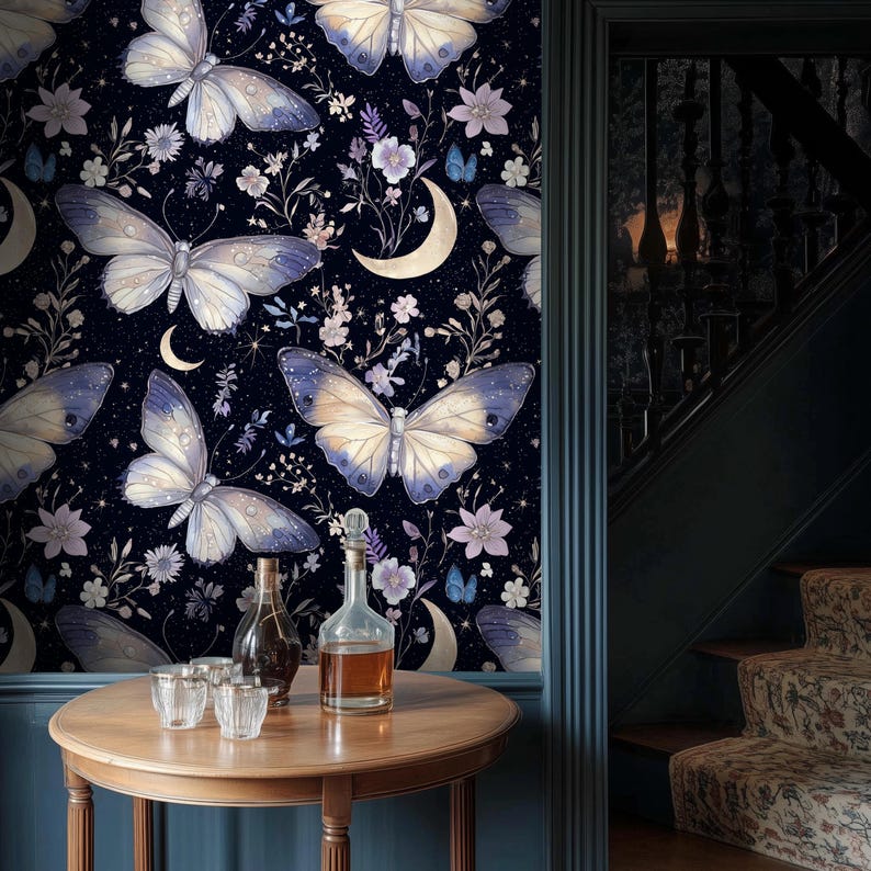 Butterfly Moon Wall Mural: Celestial Peel and Stick Wallpaper - Etsy