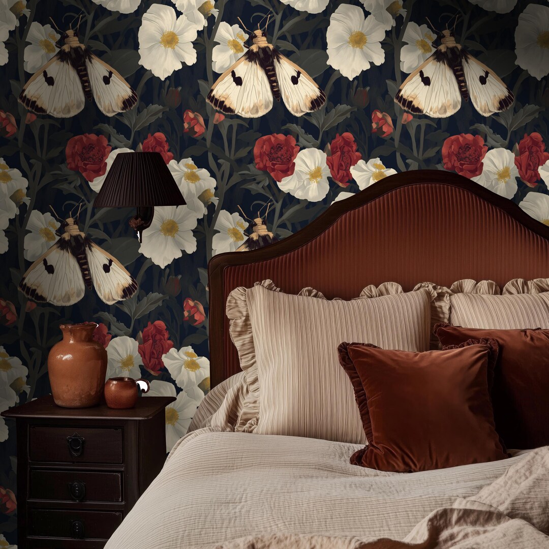 Botanical Moth Wallpaper: Moody Floral Peel and Stick Wall Mural - Etsy