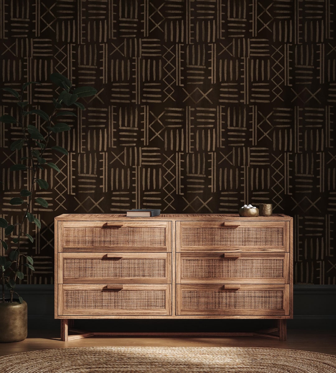 African Mudcloth Wallpaper, Dark Brown Tribal Peel and Stick Wallpaper ...