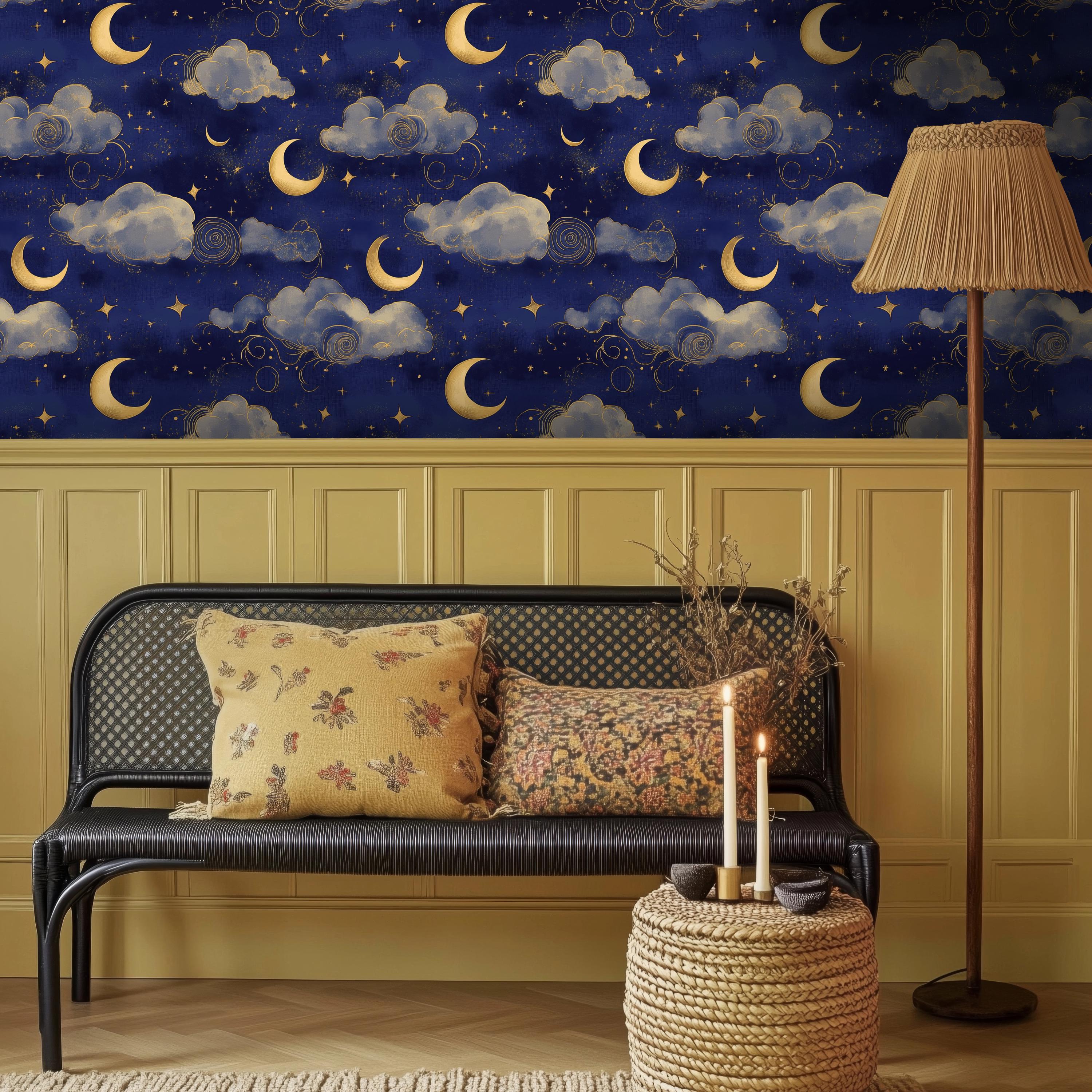 Starry Midnight Moon Wallpaper: Peel and Stick Wall Mural - Etsy