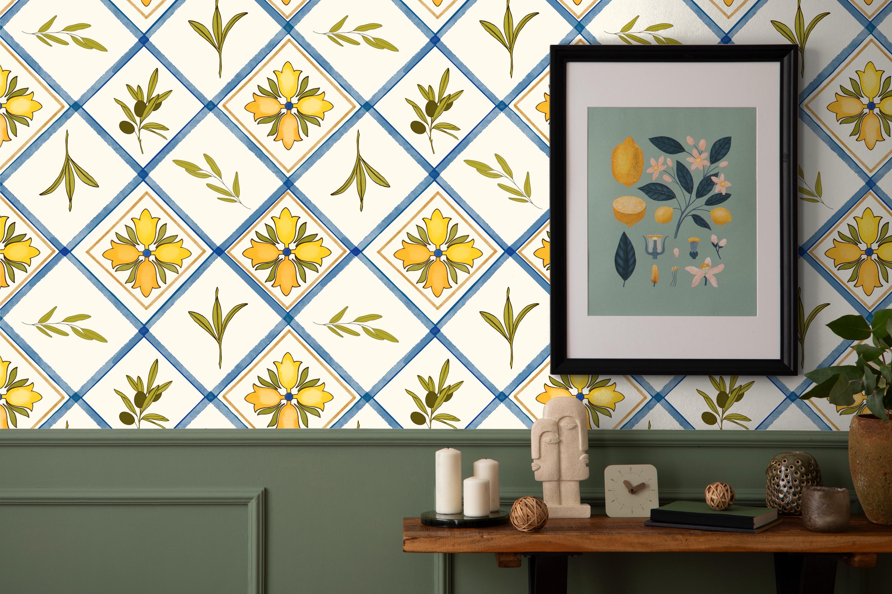 Mediterranean Tiles Wallpaper, Watercolor Olive Leaf Wallpaper, İtalian ...