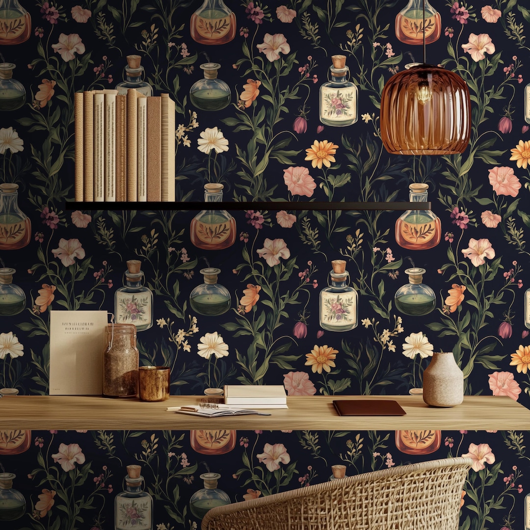 Apothecary Floral Wallpaper: Dark Botanical Peel and Stick Mural - Etsy