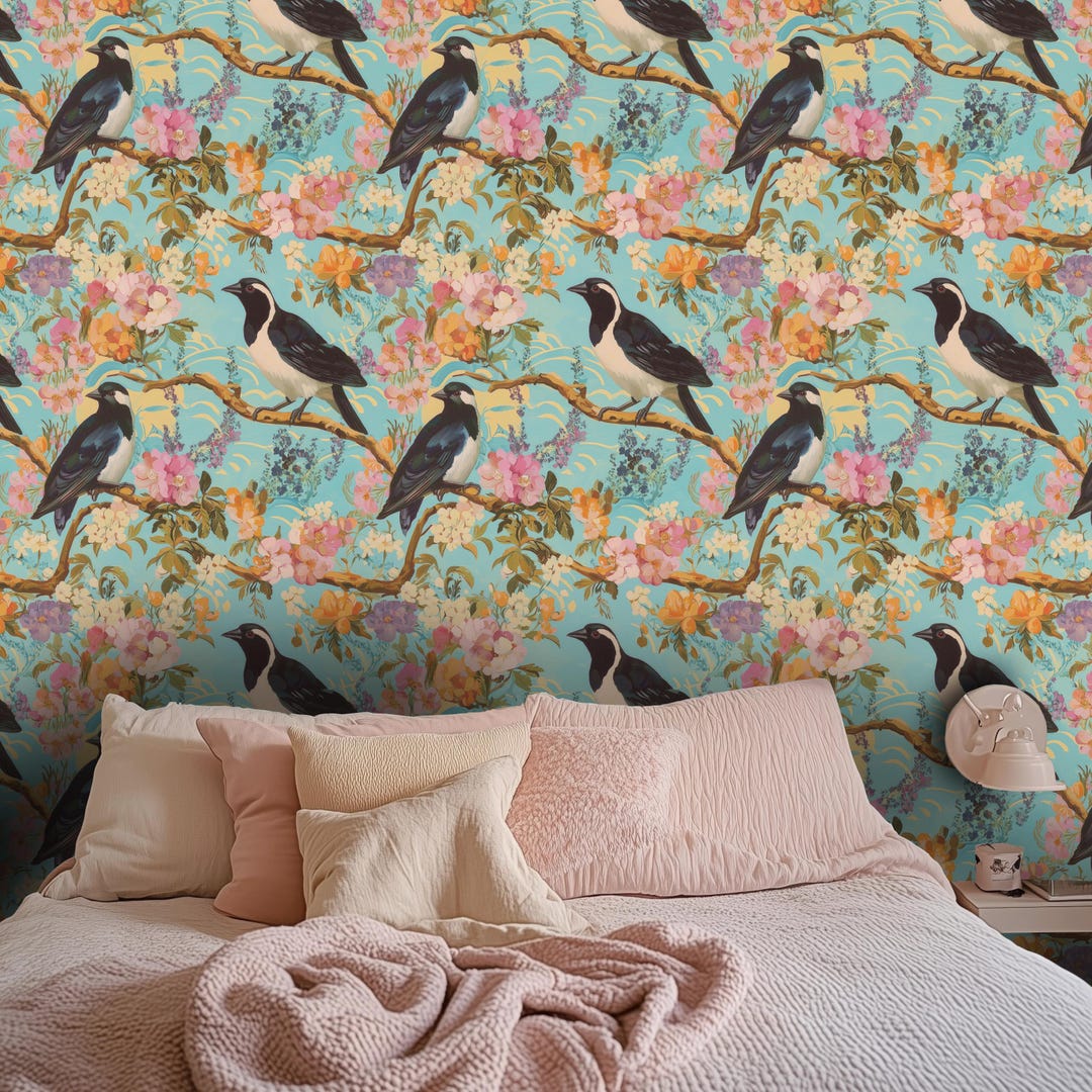 Bold Magpie Wallpaper – Maximalist Peel and Stick Wall Mural | Vibrant ...