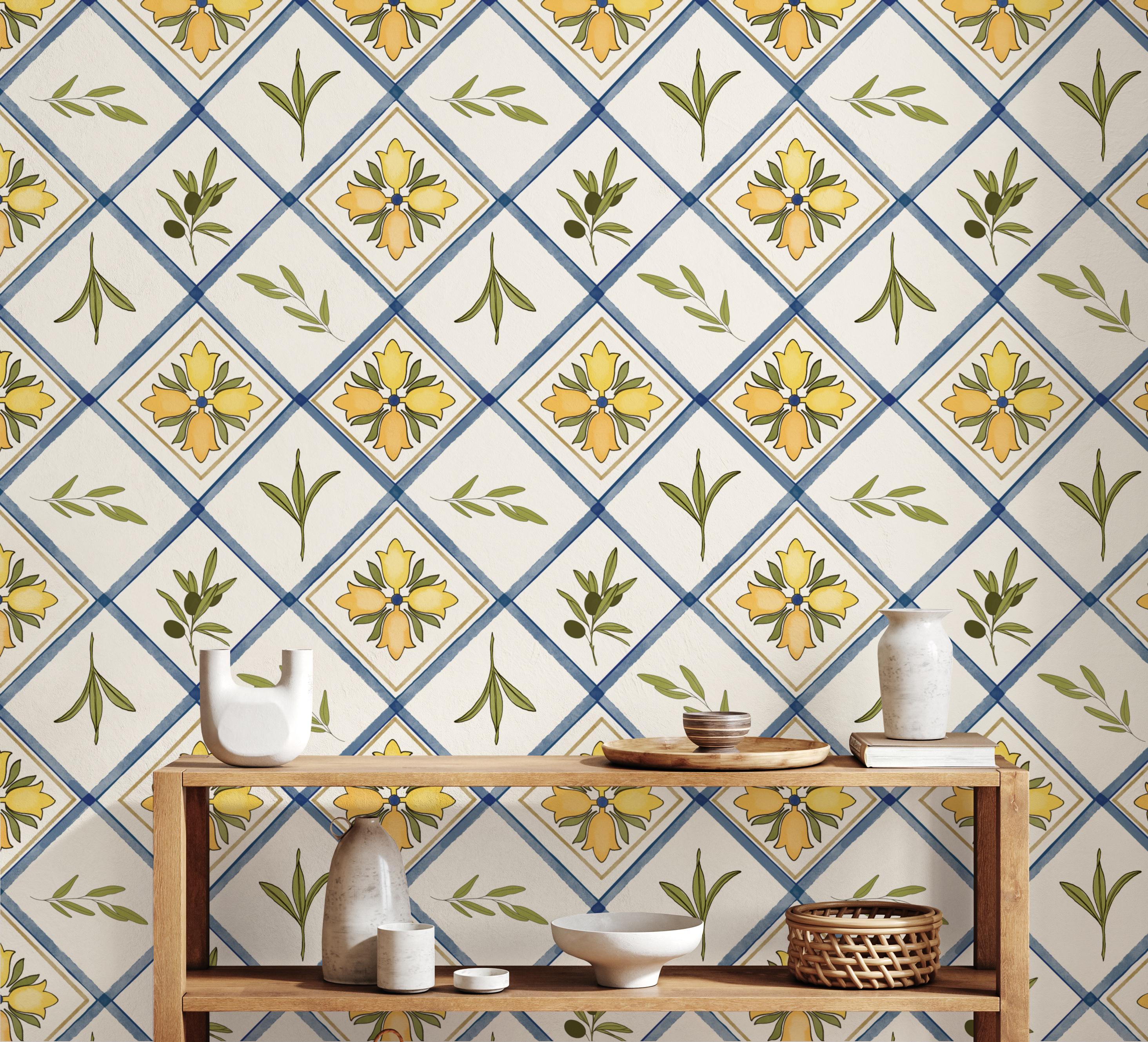 Mediterranean Tiles Wallpaper, Watercolor Olive Leaf Wallpaper, İtalian ...