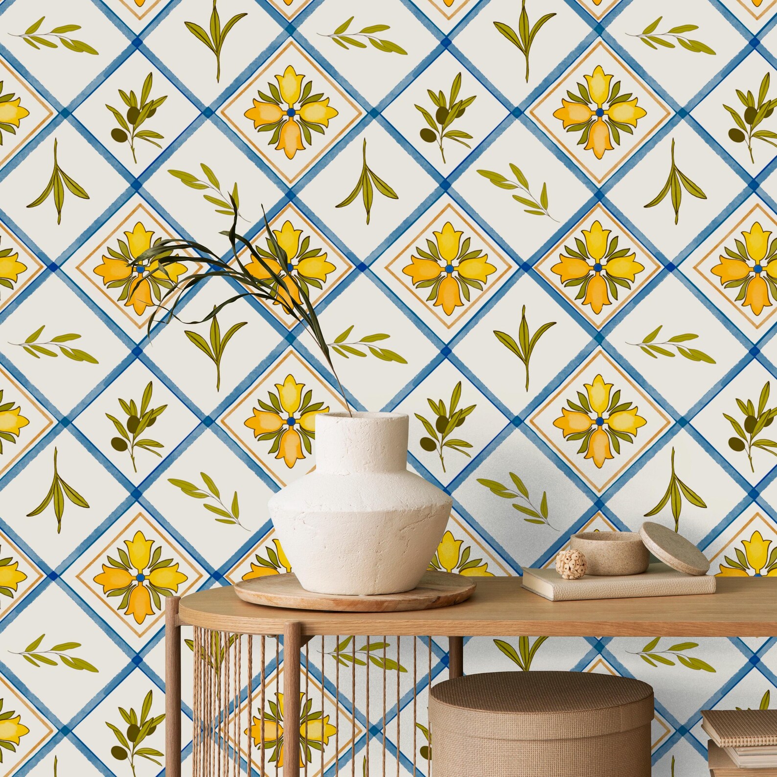 Mediterranean Tiles Wallpaper, Watercolor Olive Leaf Wallpaper, İtalian ...