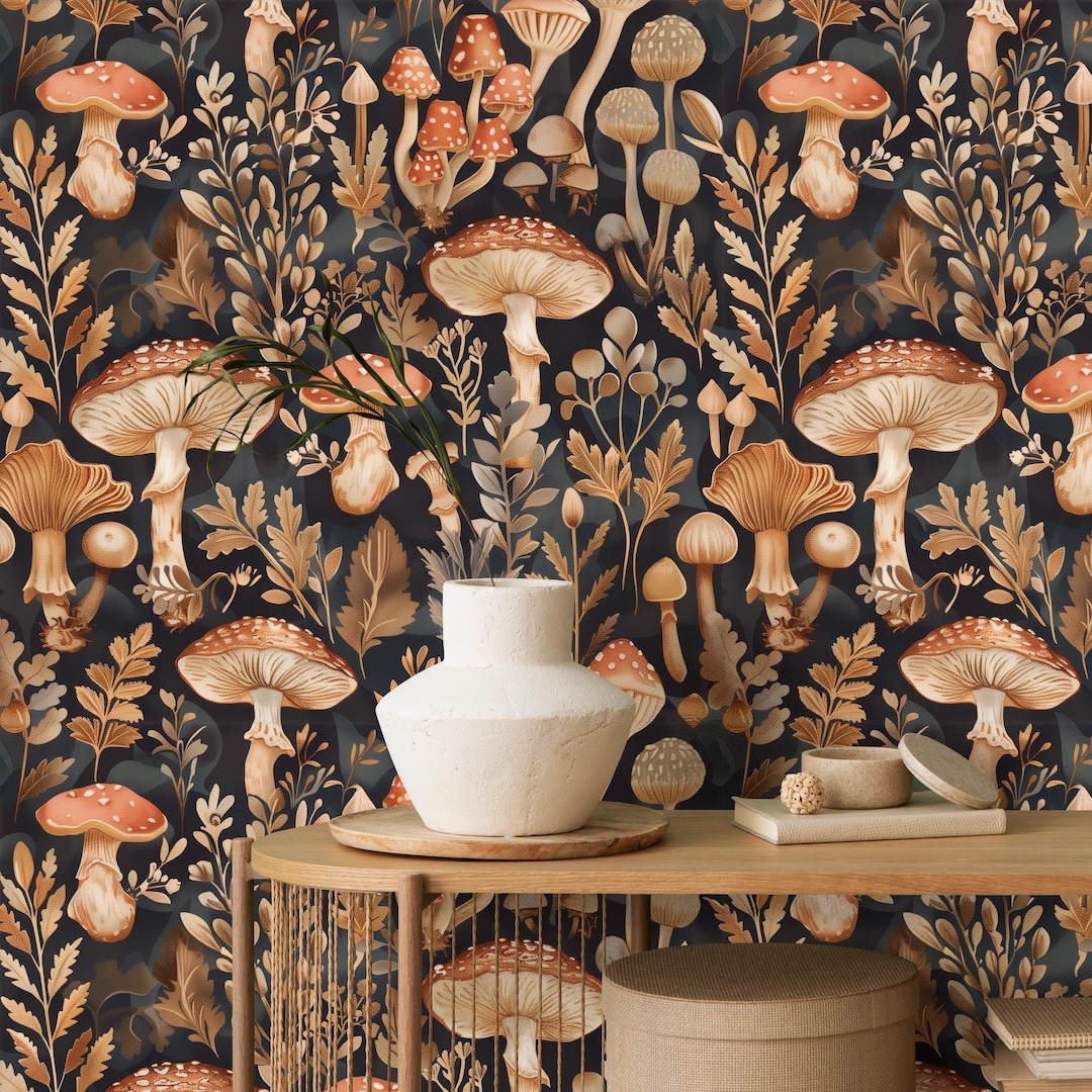 Mushroom Botanical Wallpaper: Dark Forest Peel and Stick Wall Mural - Etsy