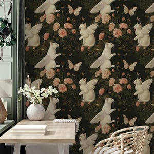 Winged Cat Wallpaper, Dark Cottagecore Mural, Fantasy Animal Peel and ...