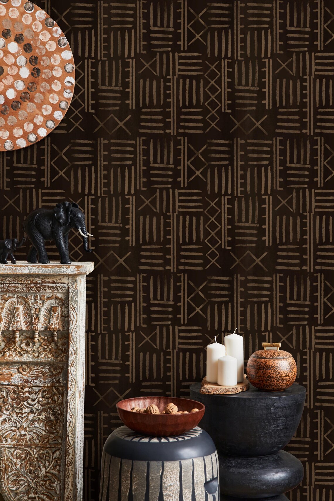 African Mudcloth Wallpaper, Dark Brown Tribal Peel and Stick Wallpaper ...
