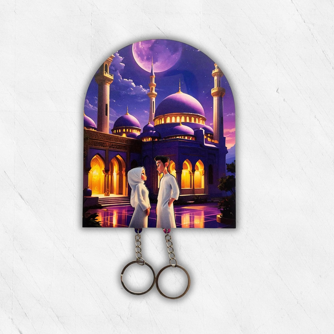 Islamic Mosque-themed Wooden Keychain Holder, Handmade Muslim Wall Key ...