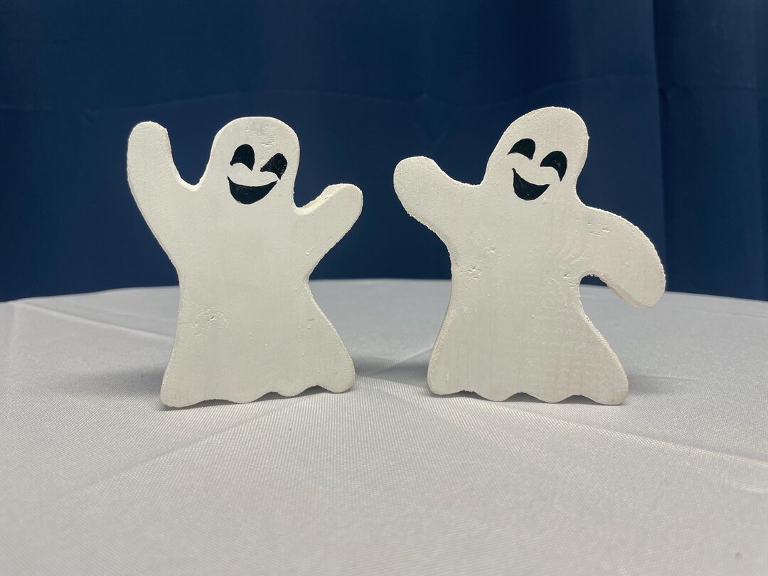 Wooden Ghost Figurines | Smiling Halloween Decor | Pair of Whimsical ...