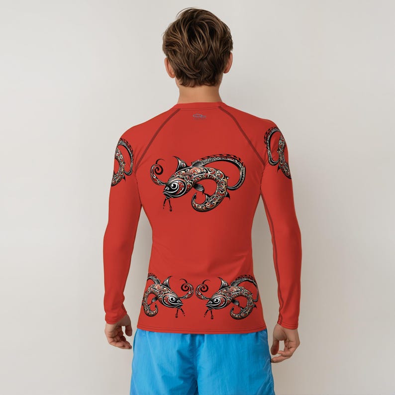 Men UPF 50 Rash Guard Fish Pattern Swim Shirt Beach Protection Water ...
