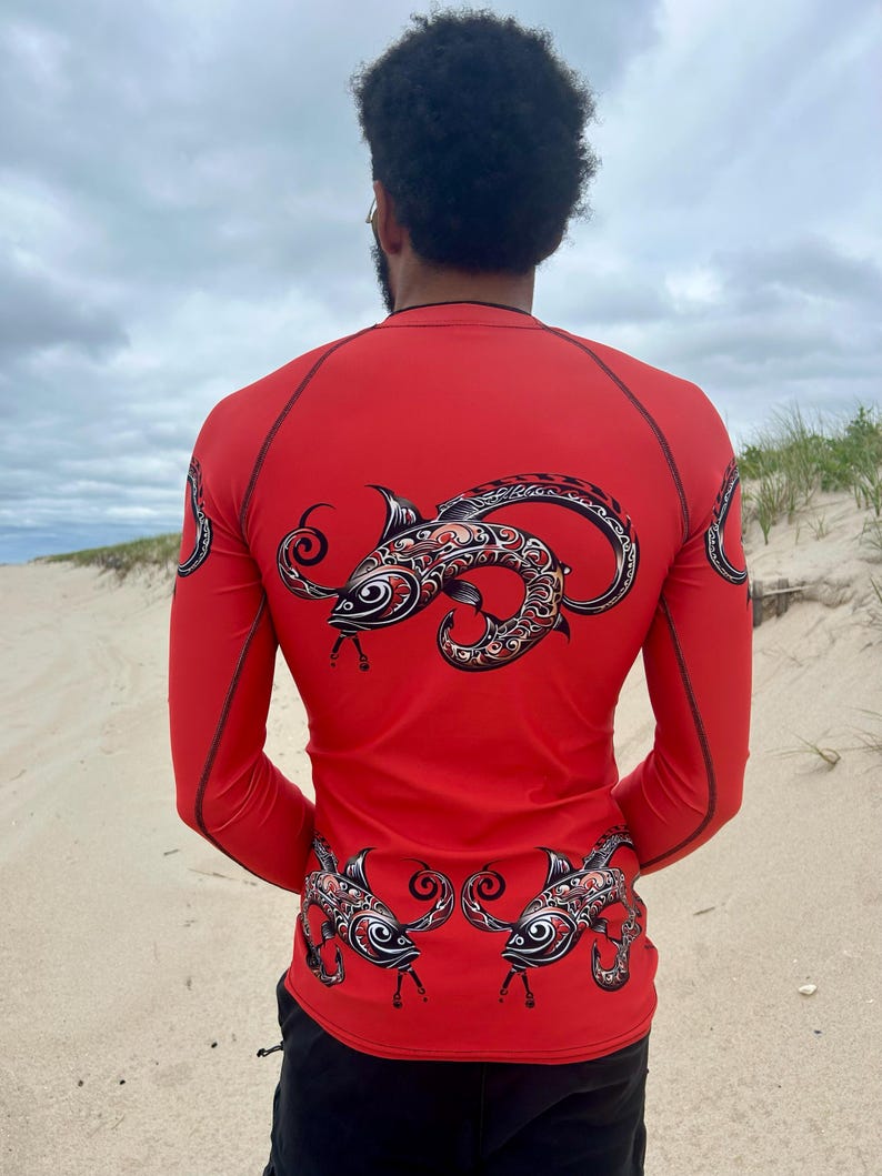 Men UPF 50 Rash Guard Fish Pattern Swim Shirt Beach Protection Water ...