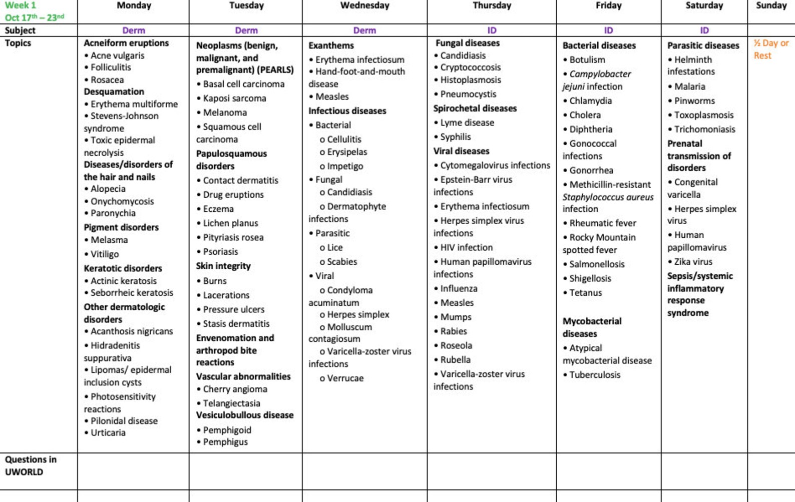 PANCE Weekly Study Calendar - Etsy
