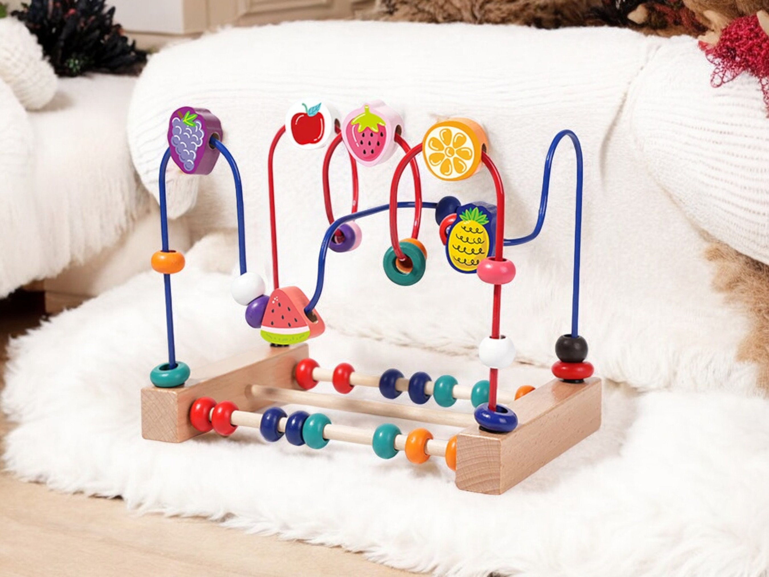 Wooden Bead Maze Toy - Colourful Animal and Fruit Shapes - Educational ...