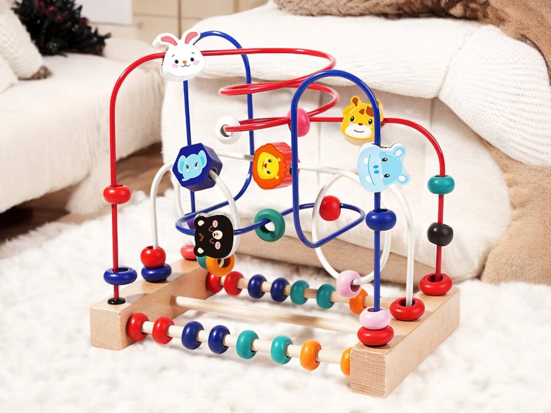 Wooden Bead Maze Toy - Colourful Animal and Fruit Shapes - Educational ...