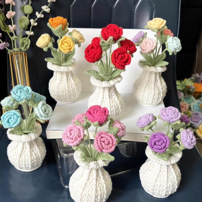Crochet Flowers, Crochet Pink Rose in White Vase, Handmade Crochet Gift ...