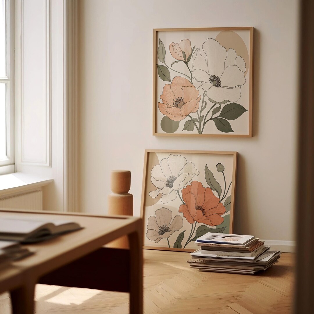 Orange Poppy Wall Art Set Printable Scandinavian Botanical Folk Floral ...