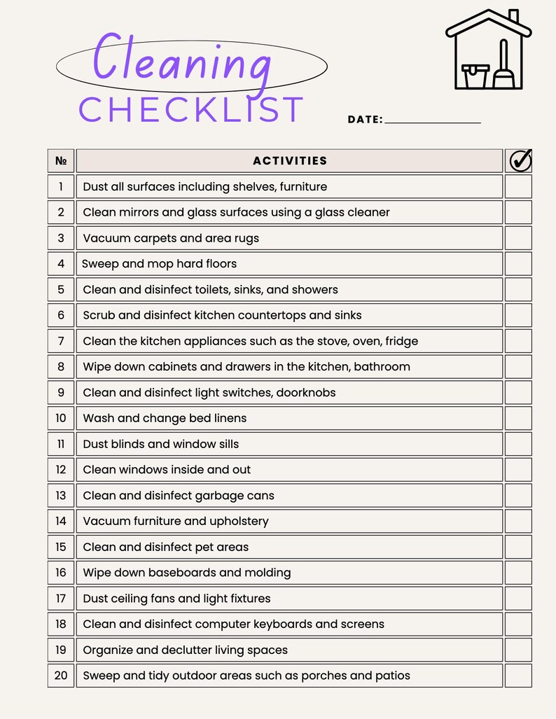 Printable Cleaning Checklist. Check List in Pdf Format. One Prefilled ...