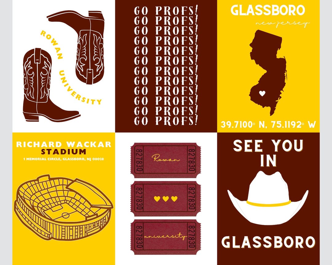 Set of 6 Custom Rowan University Prints, Yellow, Brown, Digital ...