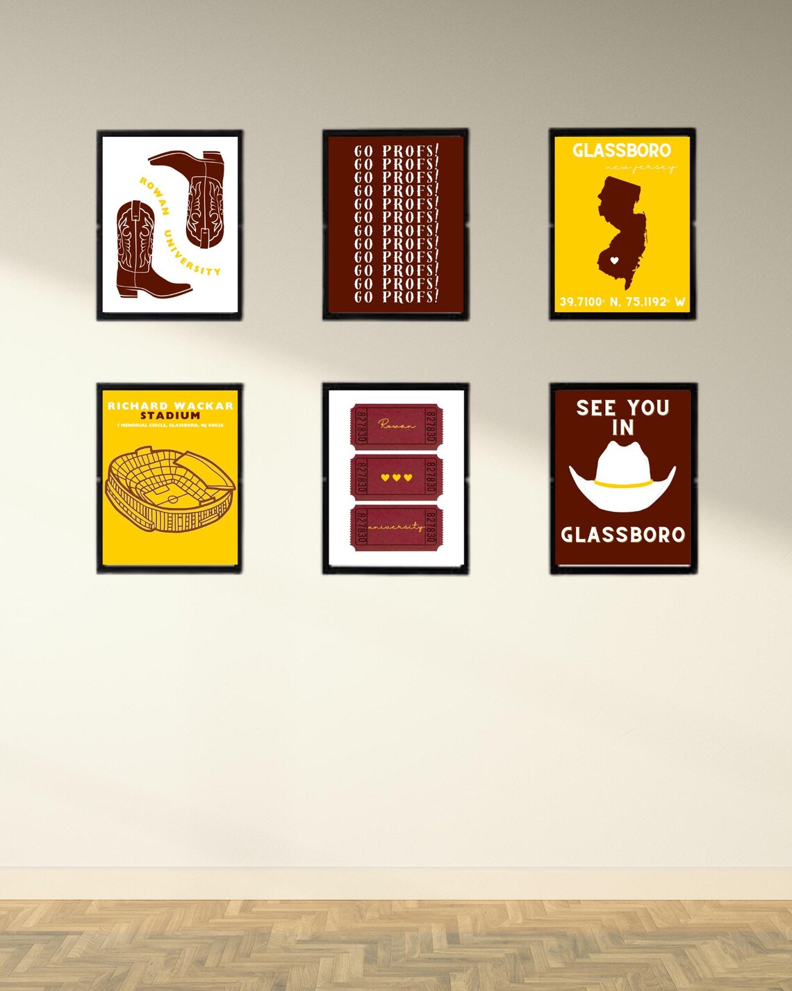 Set of 6 Custom Rowan University Prints, Yellow, Brown, Digital ...