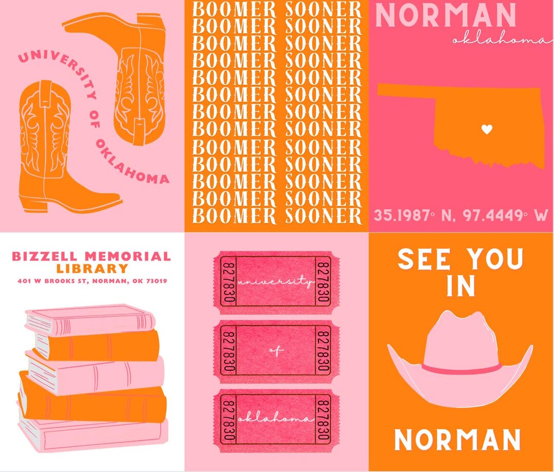 Set of 6 Custom, Oklahoma University, Prints, Digital Downloads, Dorm ...