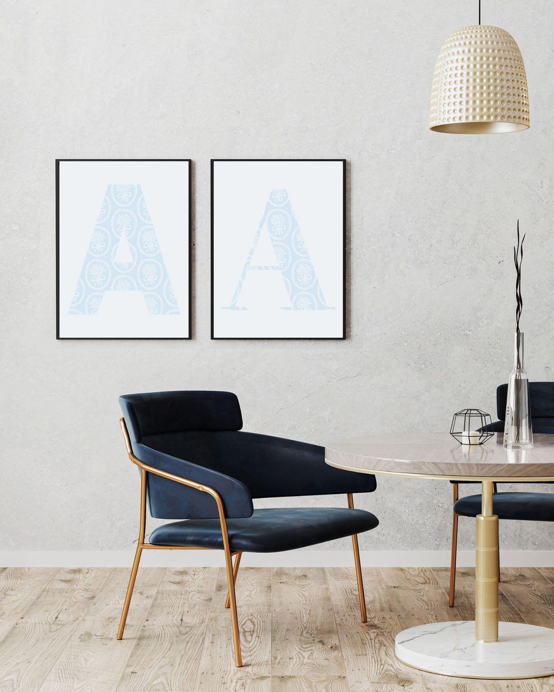 Blue Floral Letter Initial Prints With 2 Different Fonts, Coastal, Dorm ...