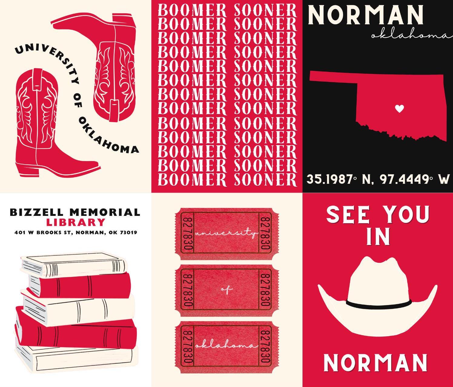 Set of 6 Custom, Oklahoma University, Prints, Digital Download, Dorm ...