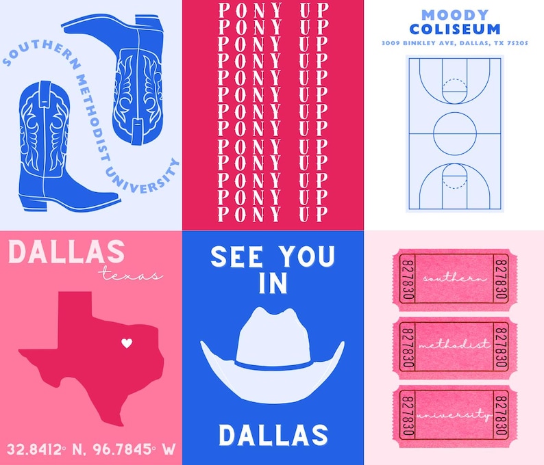 Set of 6 Custom, Southern Methodist University, Prints, Digital ...