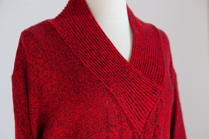 Red Black Marled Sweater Dress With Pockets - Cable Knit Long Sleeve V ...