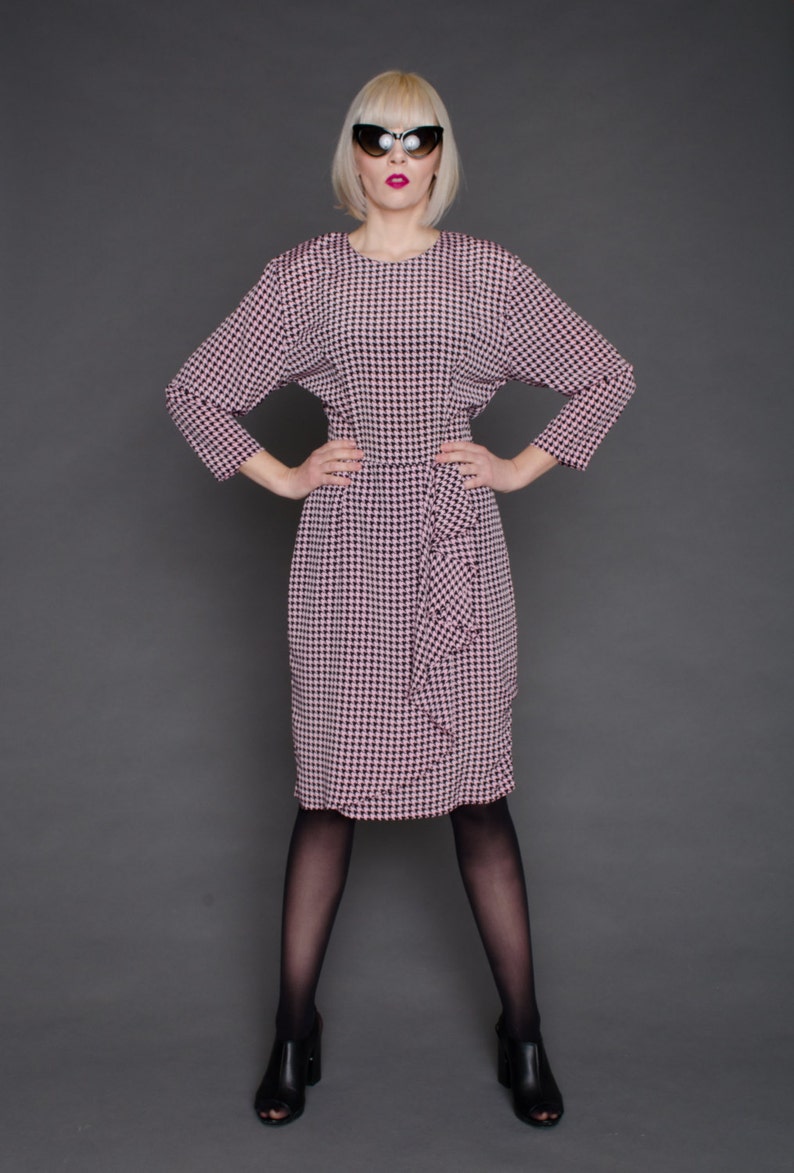 Pink & Black Houndstooth Pattern Dress / Faux Wrap Pencil Skirt With ...
