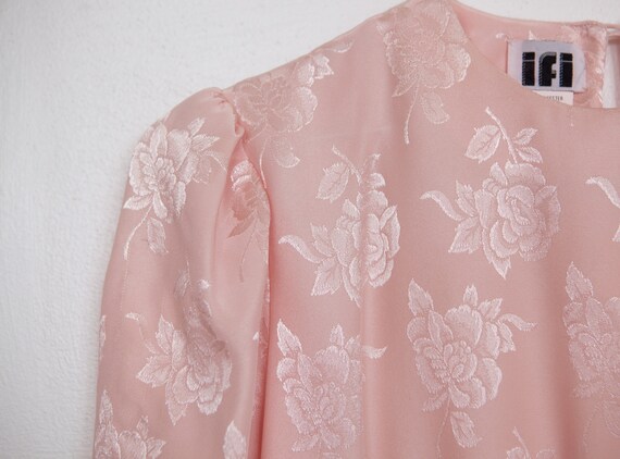 Pink Satin Dress - Shiny Rose Pattern - Long Sleeve B… - Gem