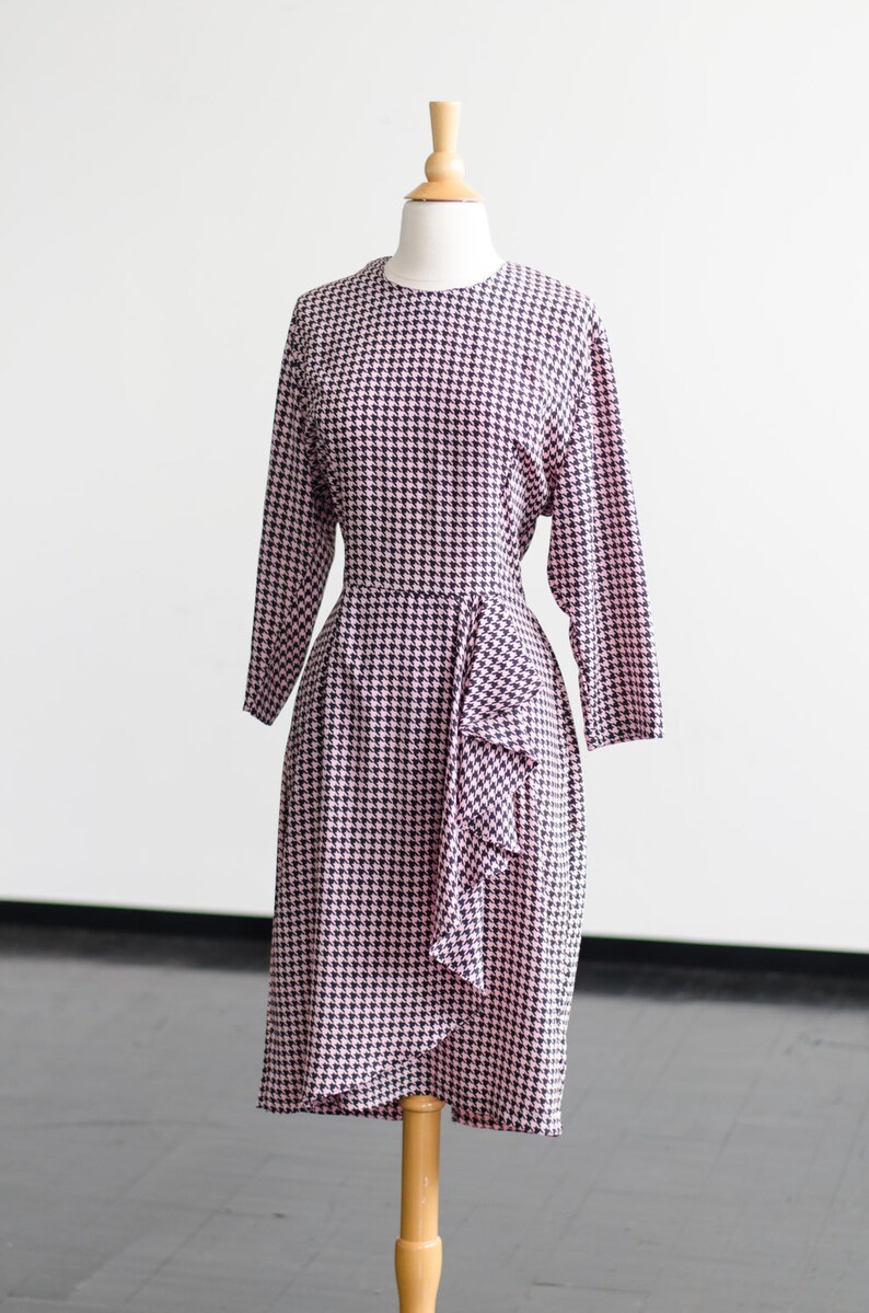 Pink & Black Houndstooth Pattern Dress / Faux Wrap Pencil Skirt With ...