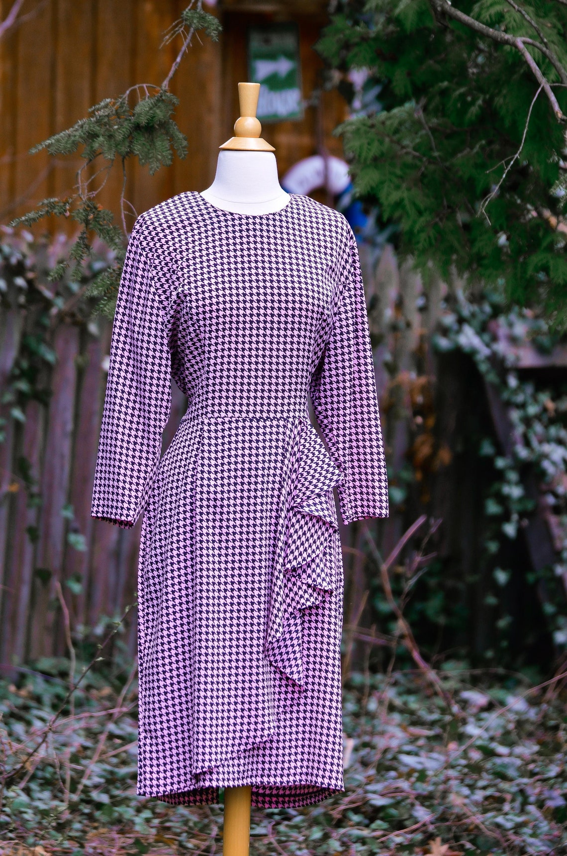 Pink & Black Houndstooth Pattern Dress / Faux Wrap Pencil Skirt With ...