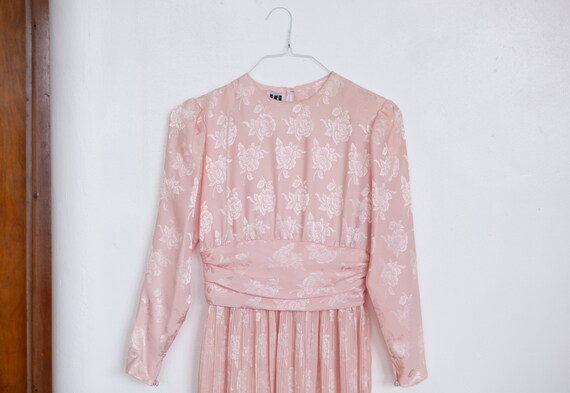 Pink Satin Dress - Shiny Rose Pattern - Long Sleeve B… - Gem