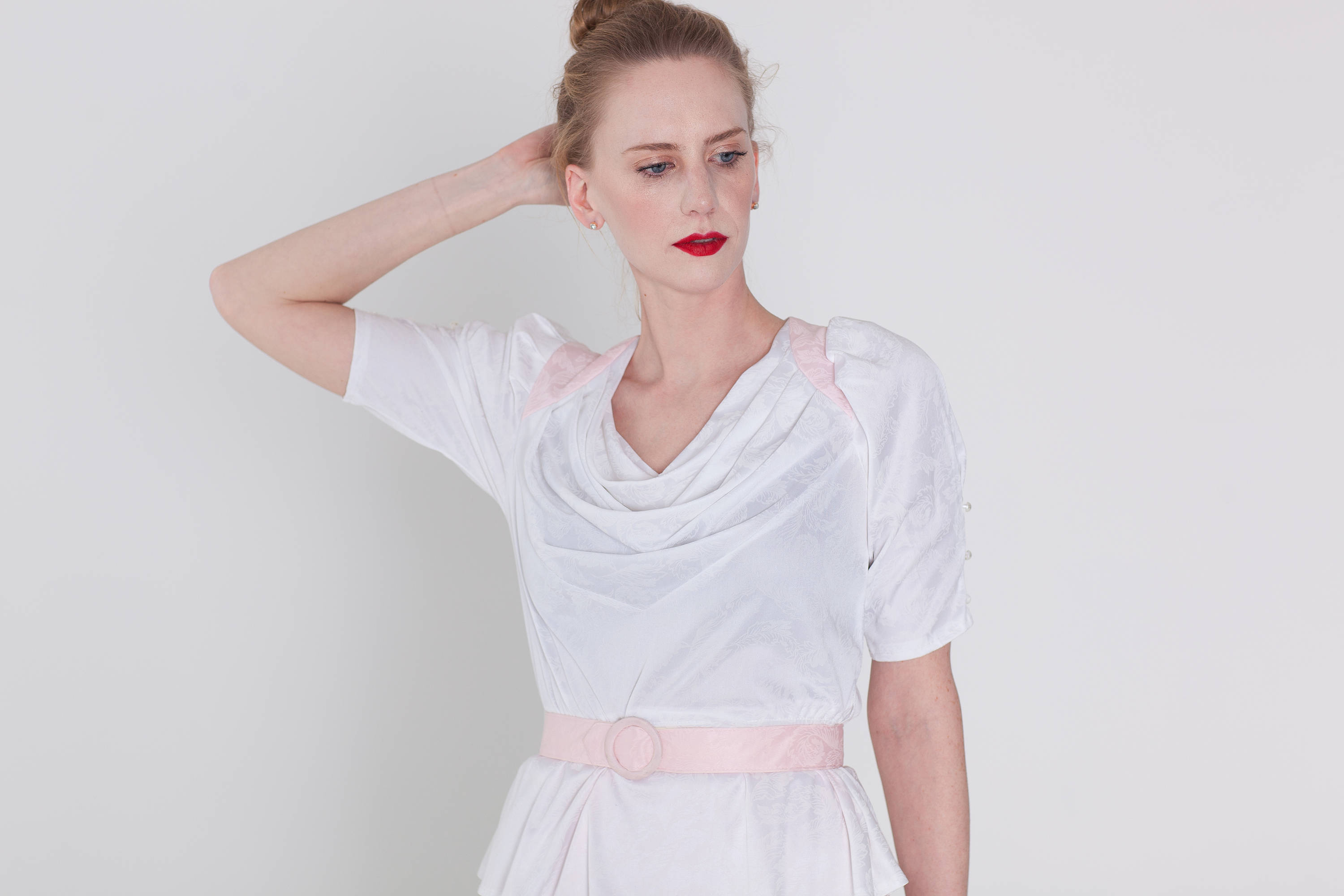 Pink & White Dress Wih Peplum Skirt Floral Print/ Scoop Cowl Neck ...