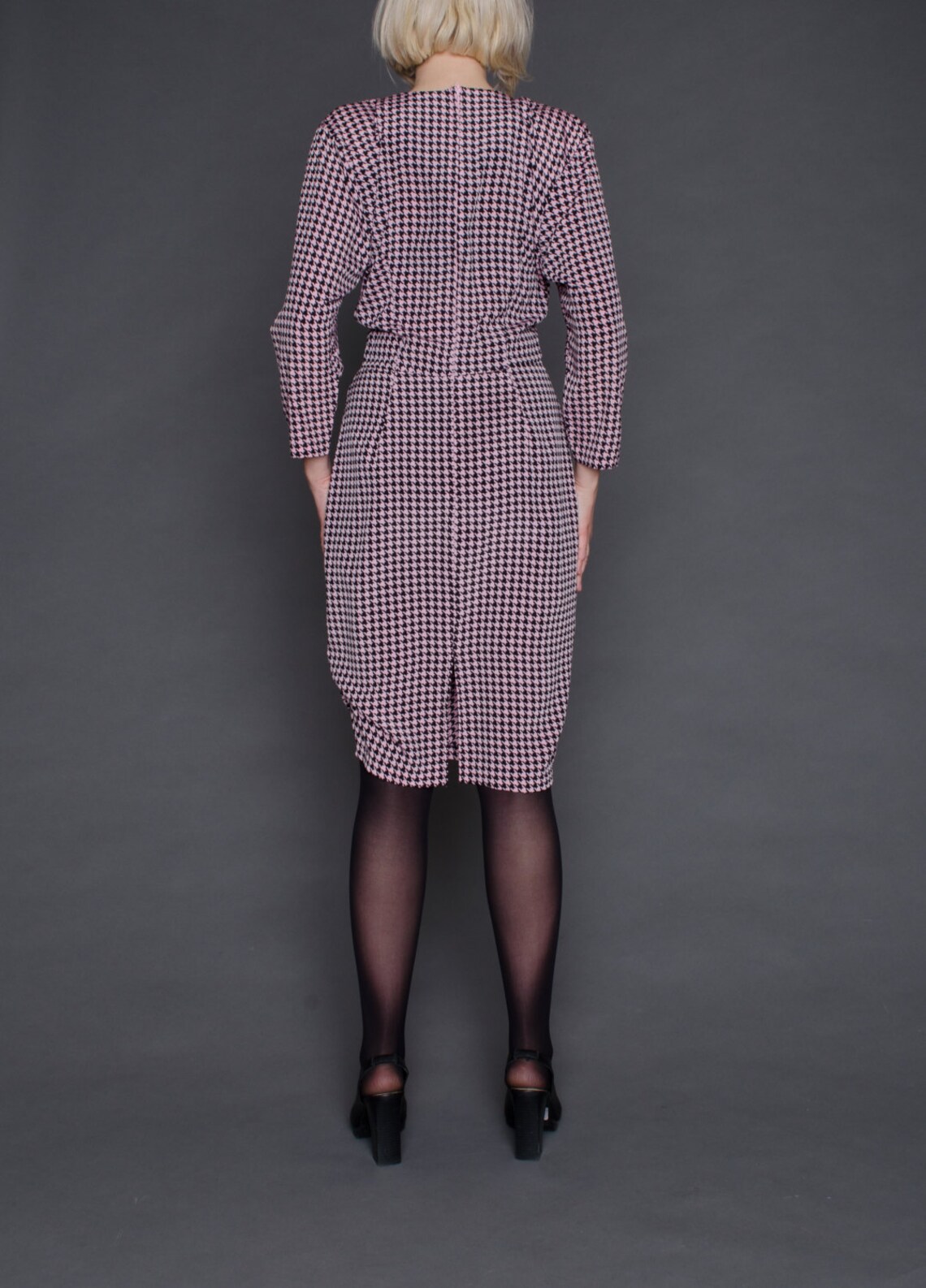 Pink & Black Houndstooth Pattern Dress / Faux Wrap Pencil Skirt With ...