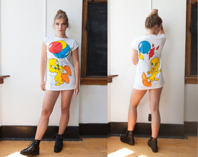 Tweety Bird Shirt Mini Dress White Cotton Blend With Cartoon Print 1985 ...