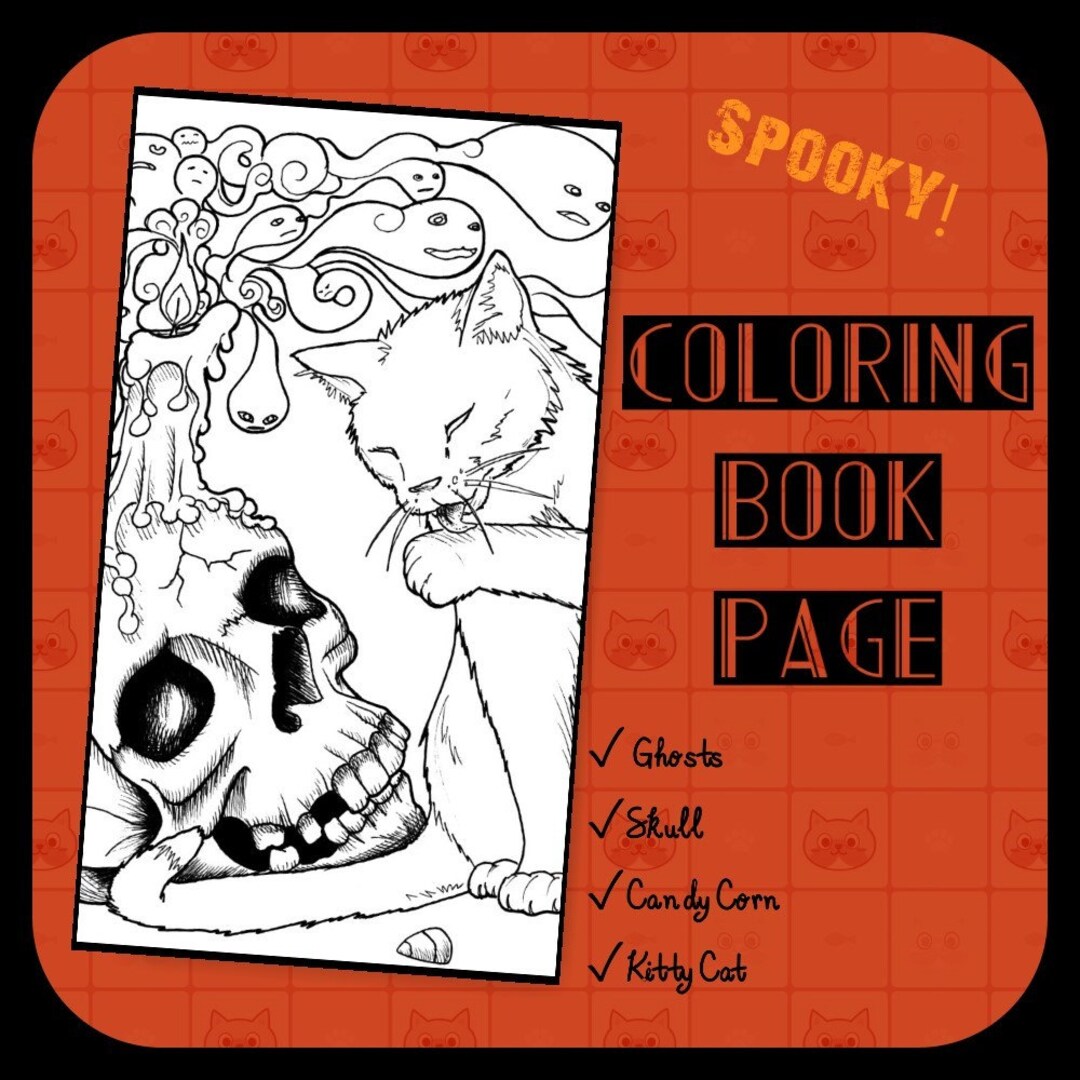 Skull, Kitty, and Spooky Ghosts Coloring Book Page, Instant Download ...