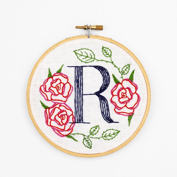R is for Rose Floral Monogram Embroidery Kit Personalized | Etsy