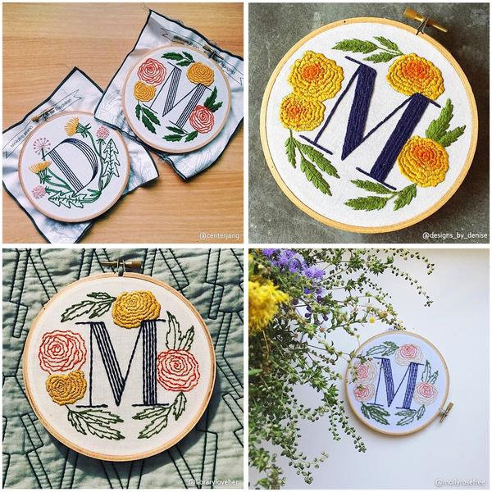 M is for Marigold Floral Monogram Embroidery Kit - Etsy