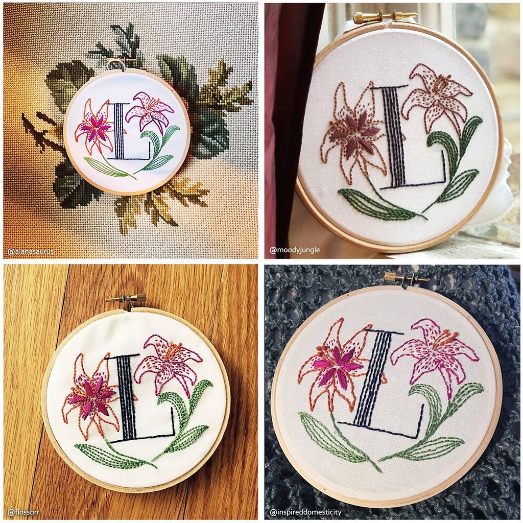 L is for Lily, Floral Monogram Embroidery Kit - Personalized Gift, DIY ...