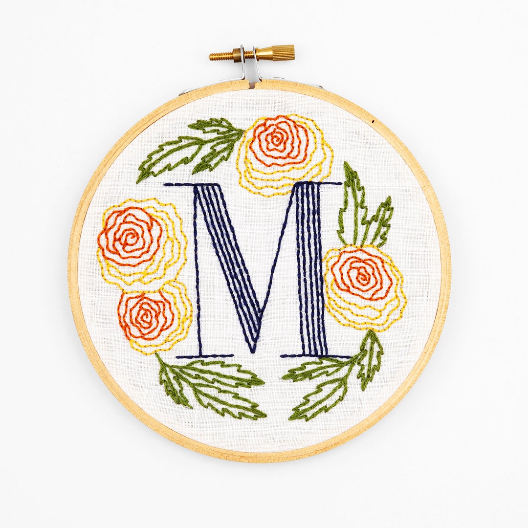 M is for Marigold, Floral Monogram Embroidery Kit - Personalized Gift ...