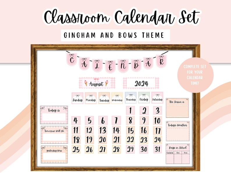 Classroom Calendar Set in Gingham and Bows Theme | Classroom Decor ...