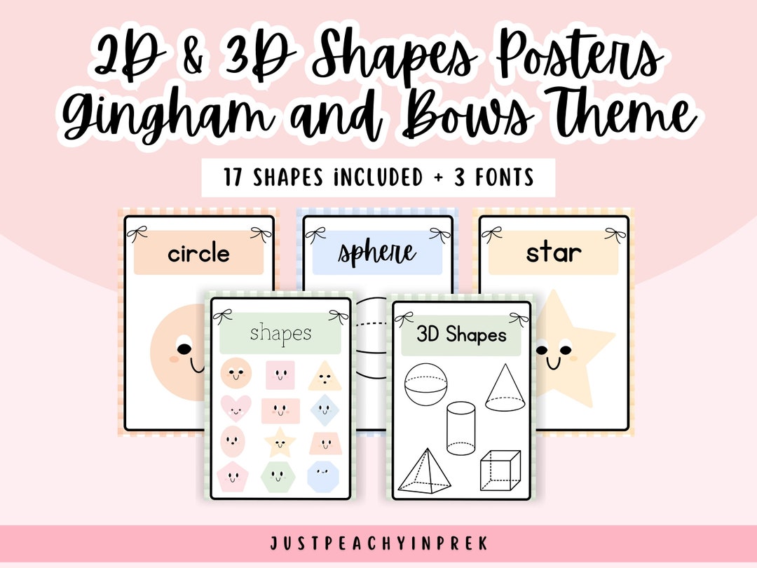 Gingham and Bows Theme Classroom 3D 2D Shapes Posters in Soft Pastel ...